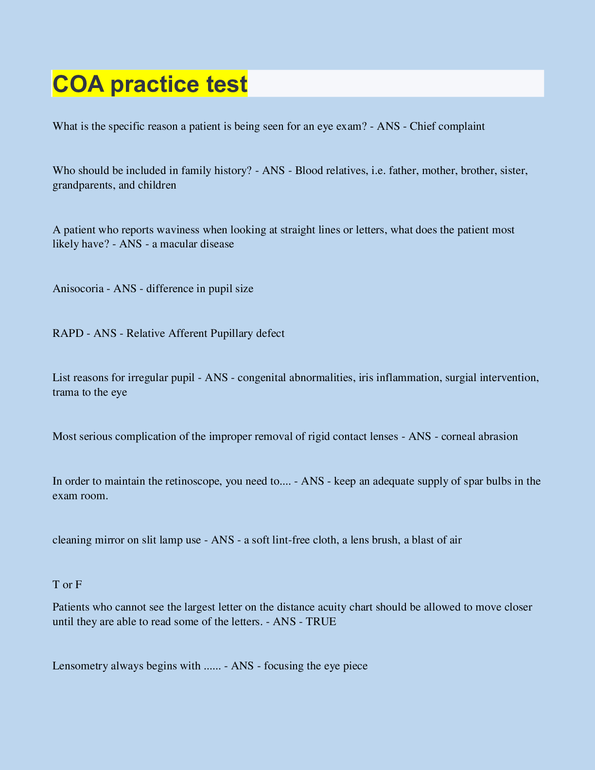 COA practice test – Scholarfriends - Scholarfriends