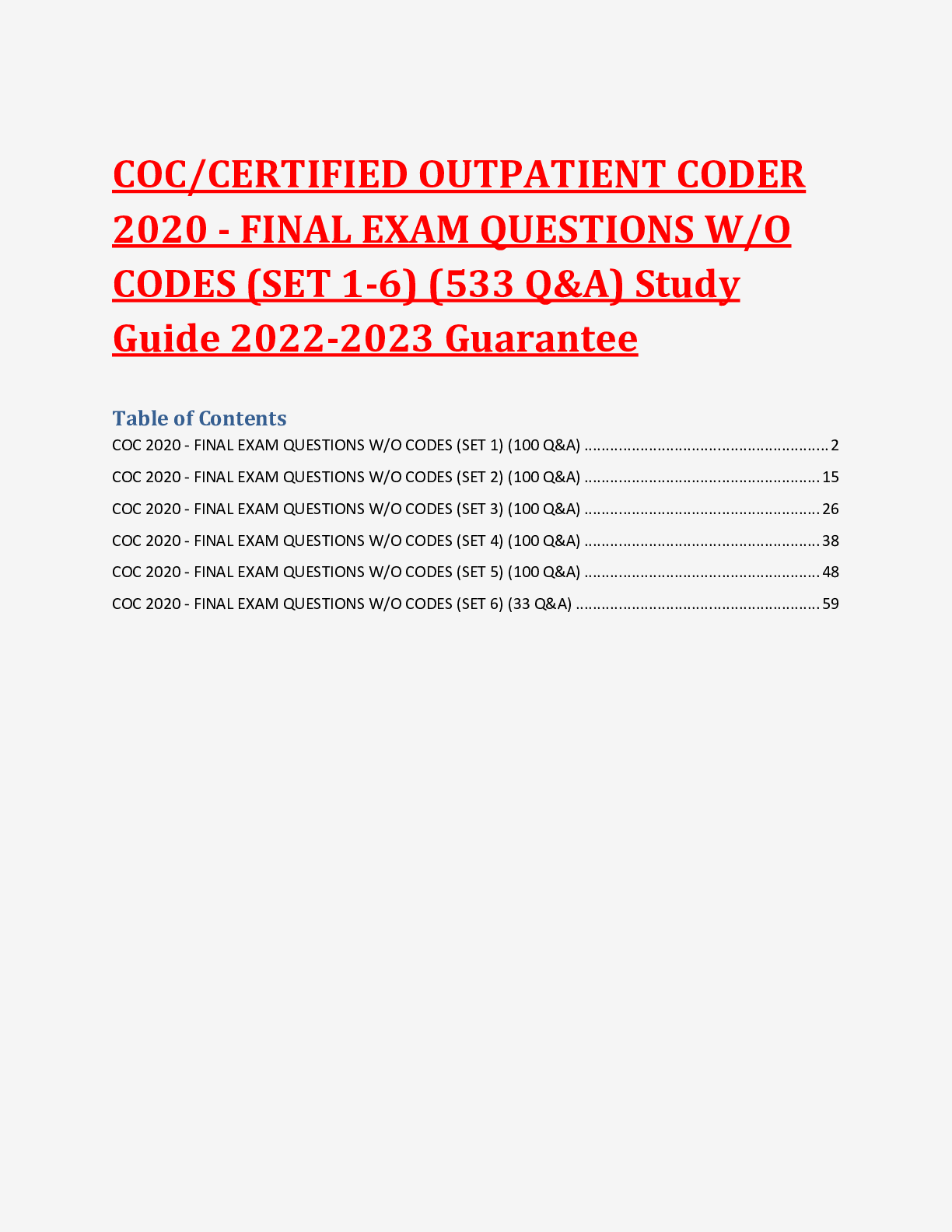 COC/CERTIFIED OUTPATIENT CODER 2020 - FINAL EXAM QUESTIONS W/O CODES ...