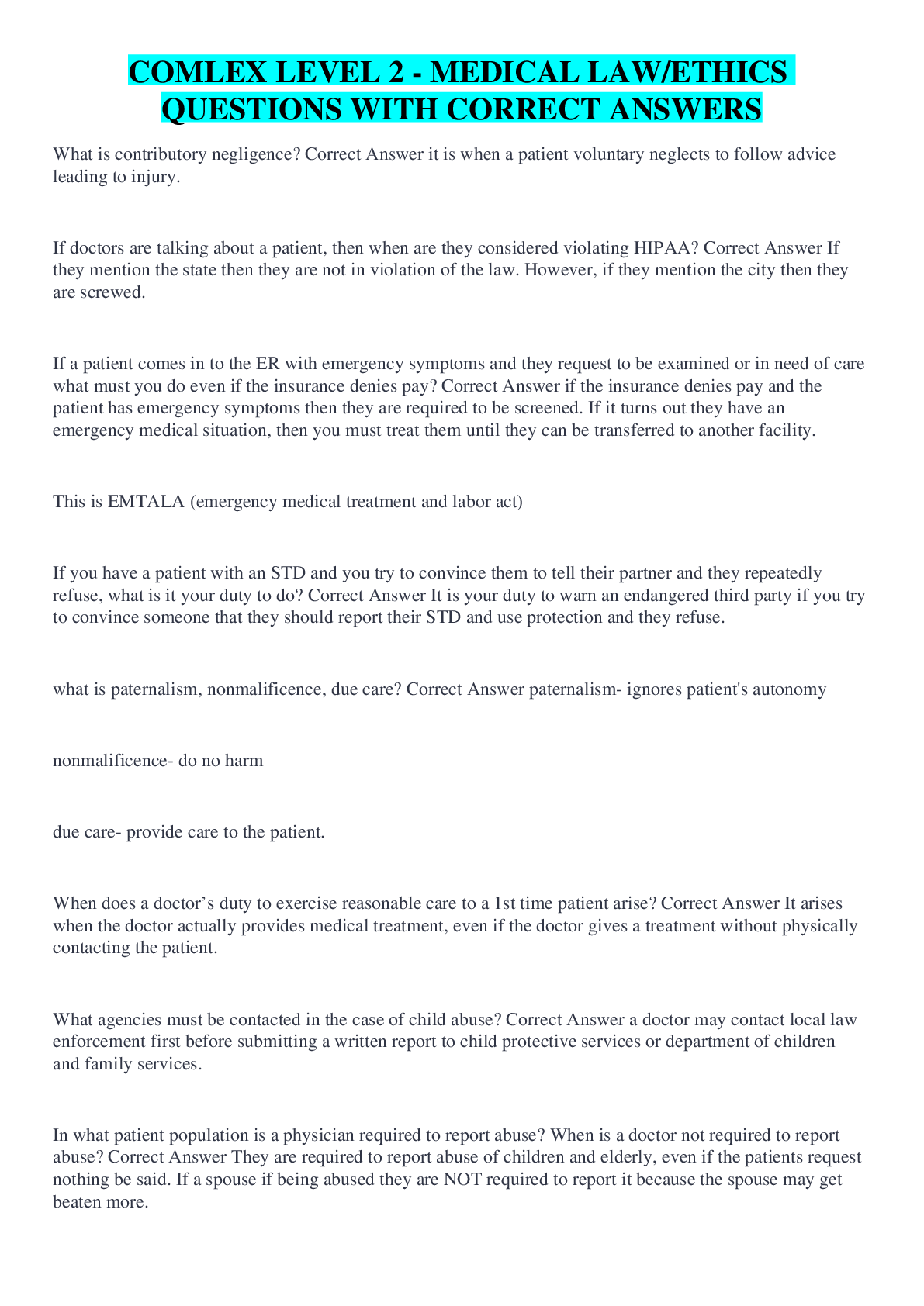 COMLEX LEVEL 2 - MEDICAL LAW/ETHICS QUESTIONS WITH CORRECT ANSWERS ...