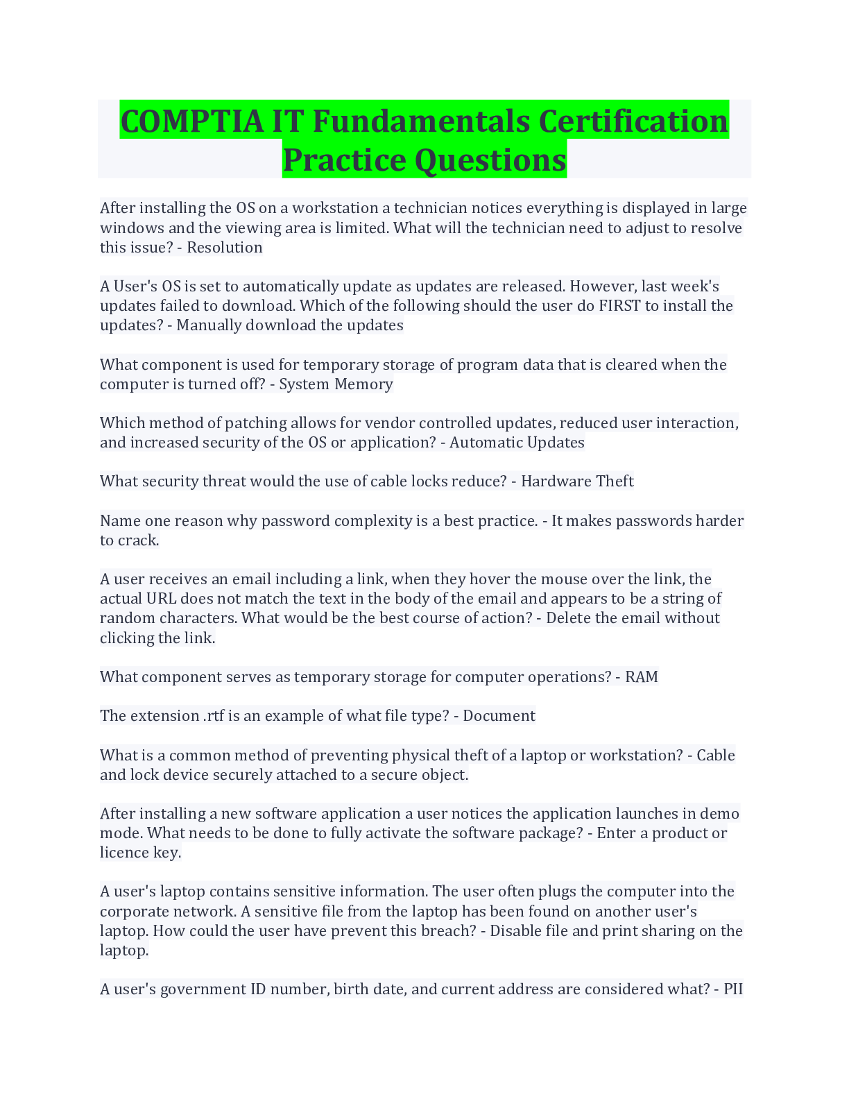 COMPTIA IT Fundamentals Certification Practice Questions And Answer ...