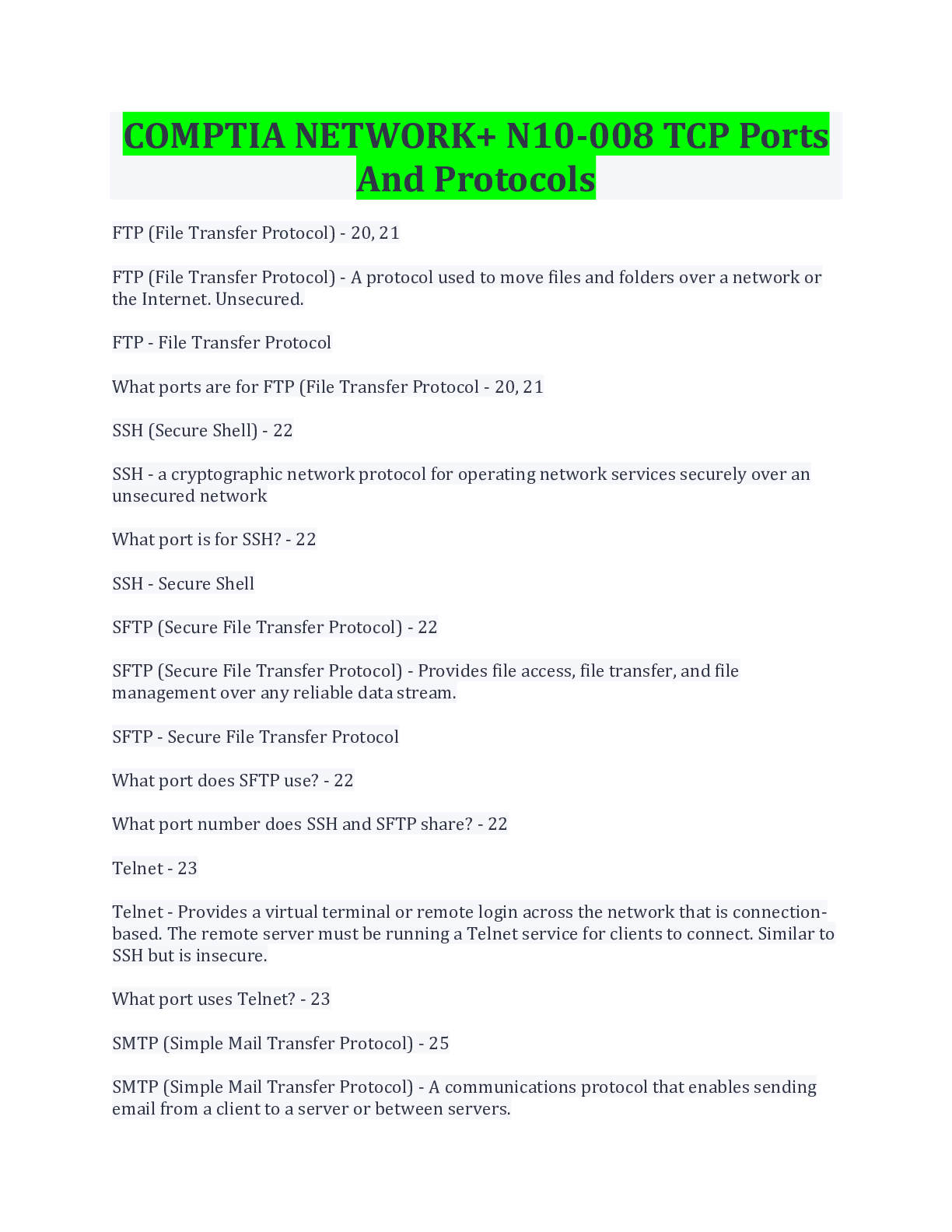 COMPTIA NETWORK+ N10-008 TCP Ports And Protocols Latest Update ...