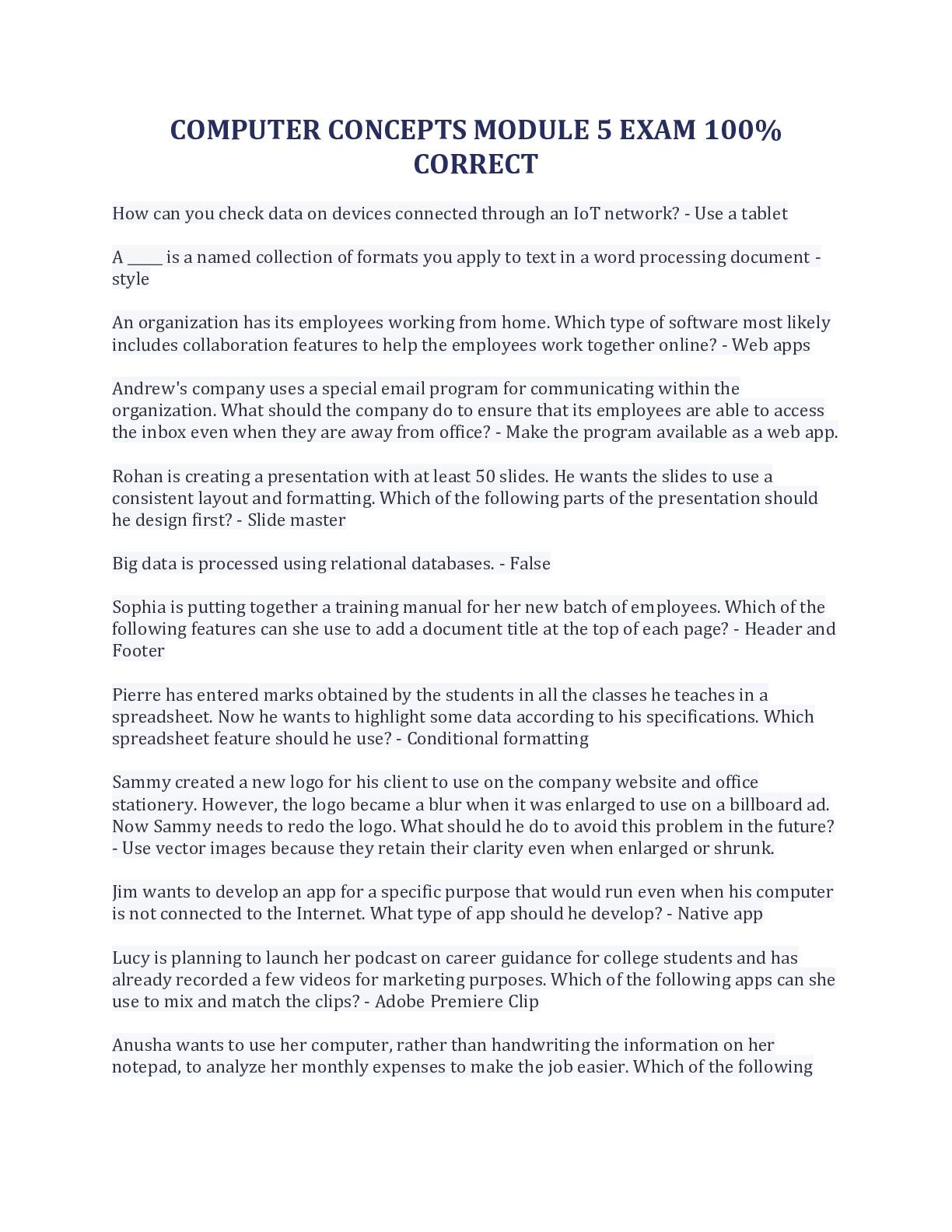 COMPUTER CONCEPTS MODULE 5 EXAM 100% CORRECT - Scholarfriends