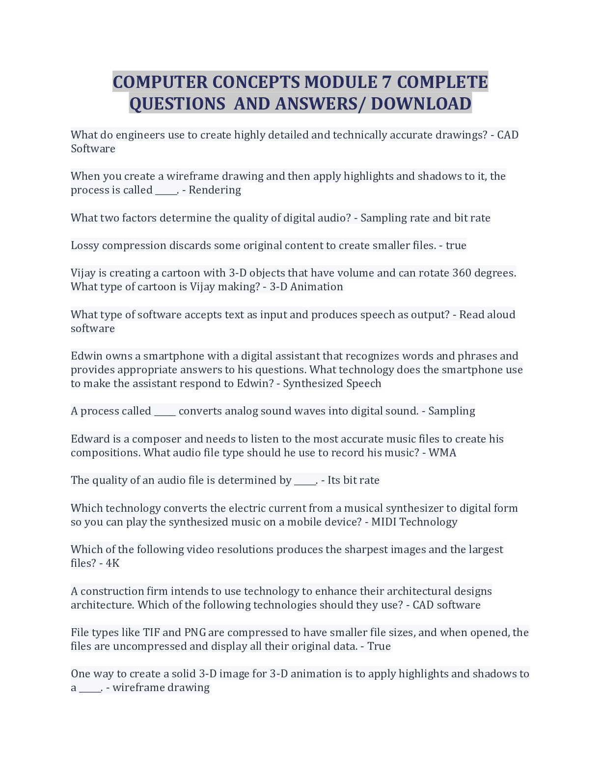 COMPUTER CONCEPTS MODULE 7 COMPLETE QUESTIONS AND ANSWERS/ DOWNLOAD ...