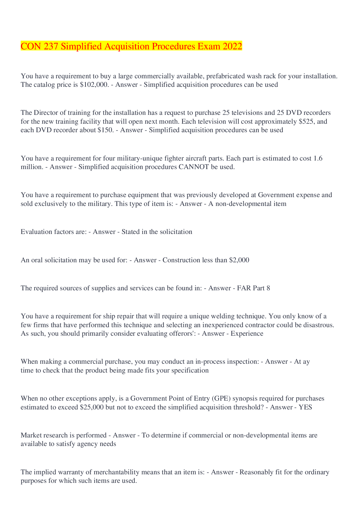 CON 237 Simplified Acquisition Procedures Exam 2022 - Scholarfriends