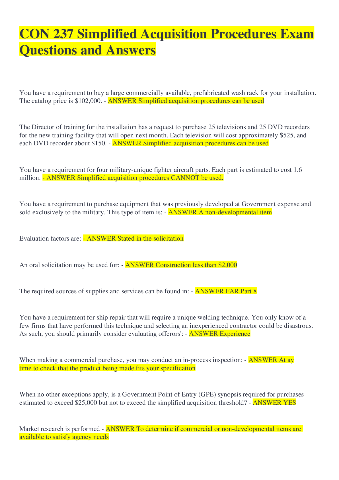CON 237 Simplified Acquisition Procedures Exam Questions and Answers ...