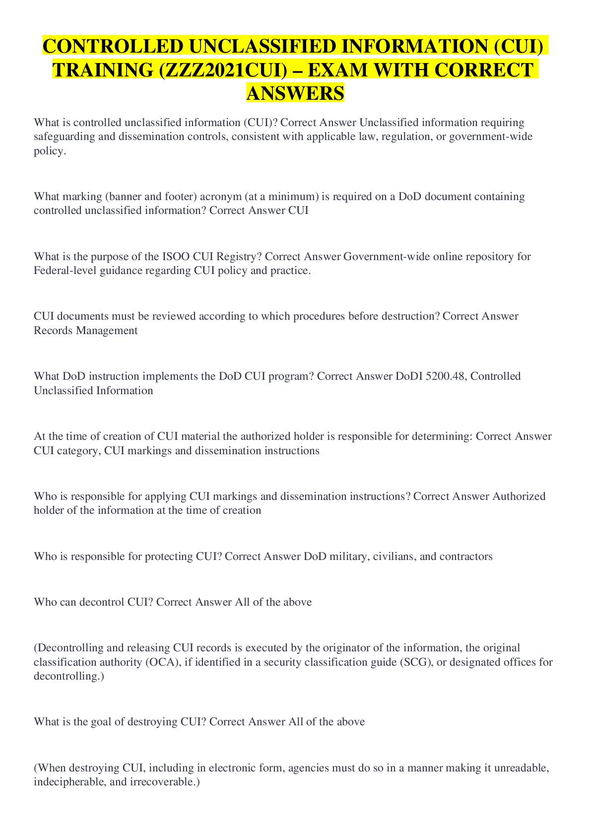 CONTROLLED UNCLASSIFIED INFORMATION (CUI) TRAINING (ZZZ2021CUI) – EXAM ...