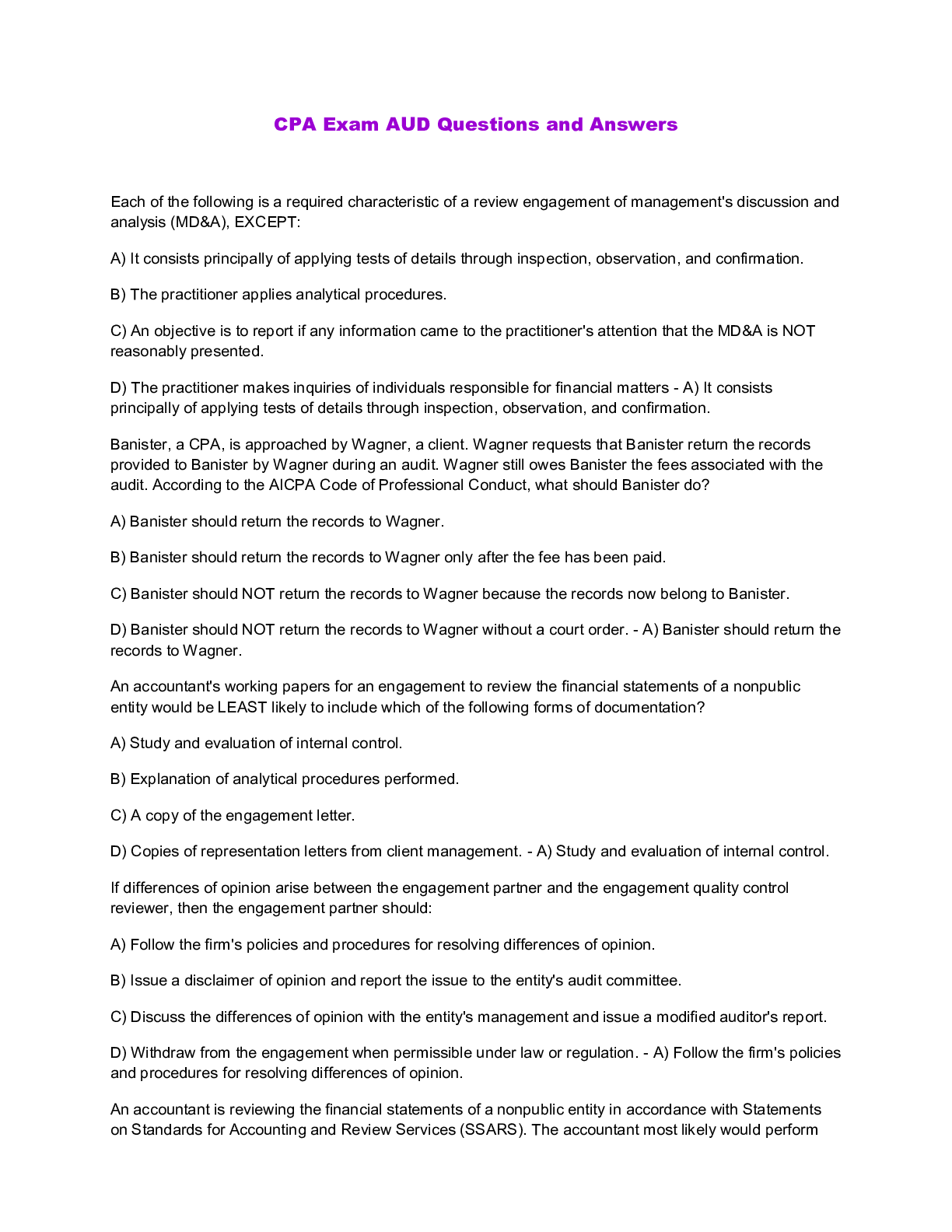 CPA Exam AUD Questions and Answer - Scholarfriends