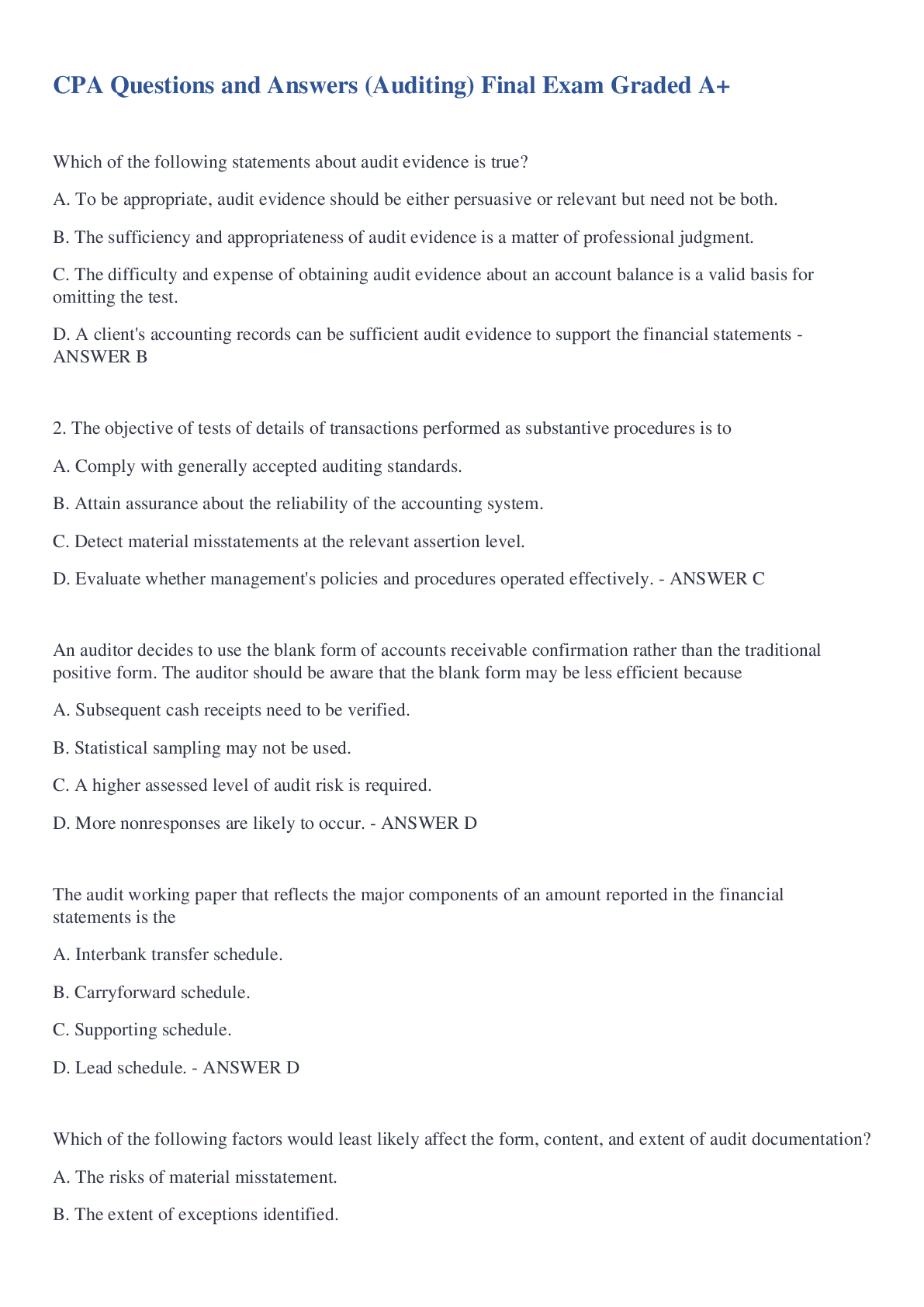 CPA Questions and Answers (Auditing) Final Exam Graded A+ - Scholarfriends