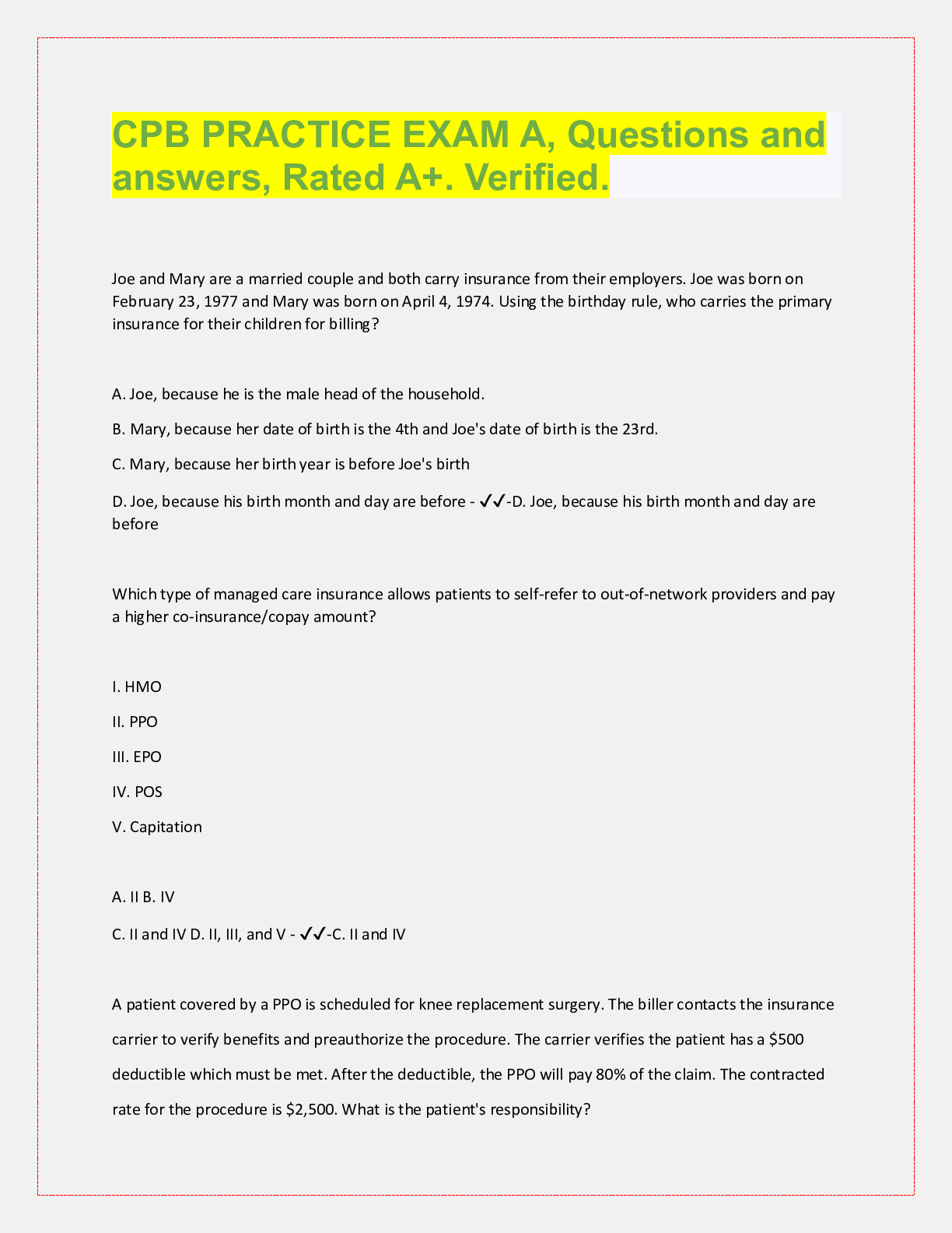 CPB PRACTICE EXAM A, Questions and answers, Rated A+. Verified. Joe and ...