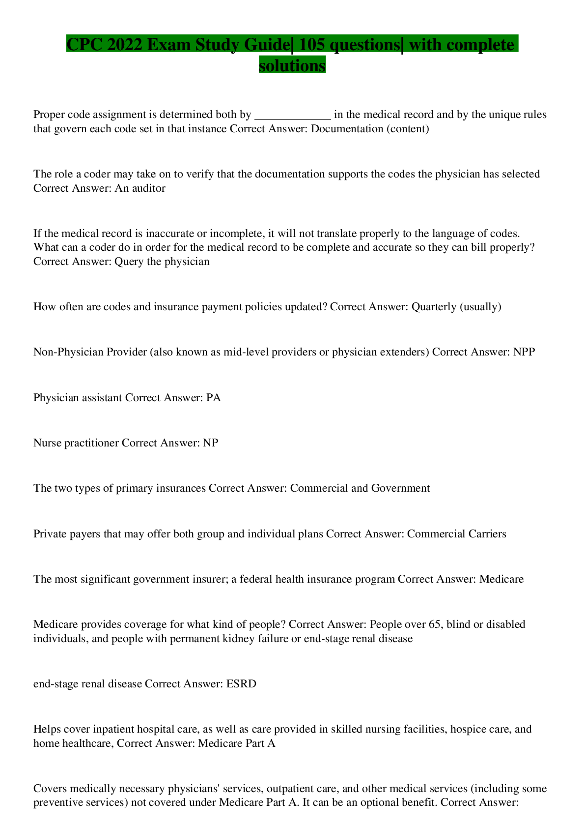 CPC 2022 Exam Study Guide| 105 questions| with complete solutions ...