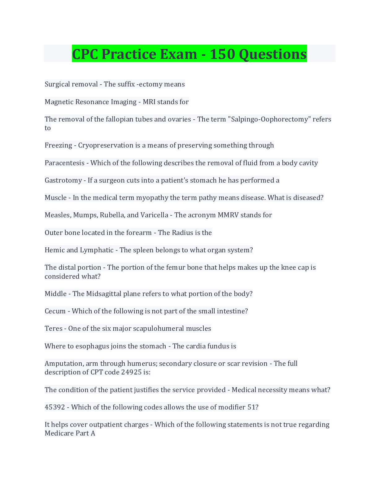 CPC Practice Exam - 150 Questions And Answers With Complete Solution ...