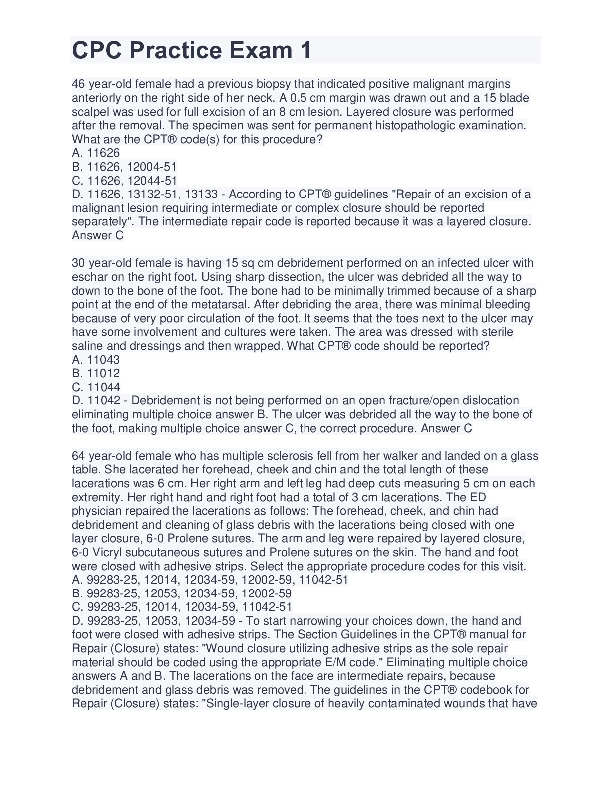 CPC Practice Exam 1| QUESTIONS WITH COMPLETE SOLUTIONS - Scholarfriends