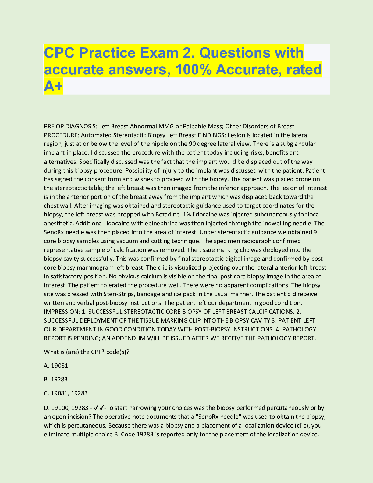 CPC Practice Exam 2-Questions with 100% accurate answers. Graded A+ ...
