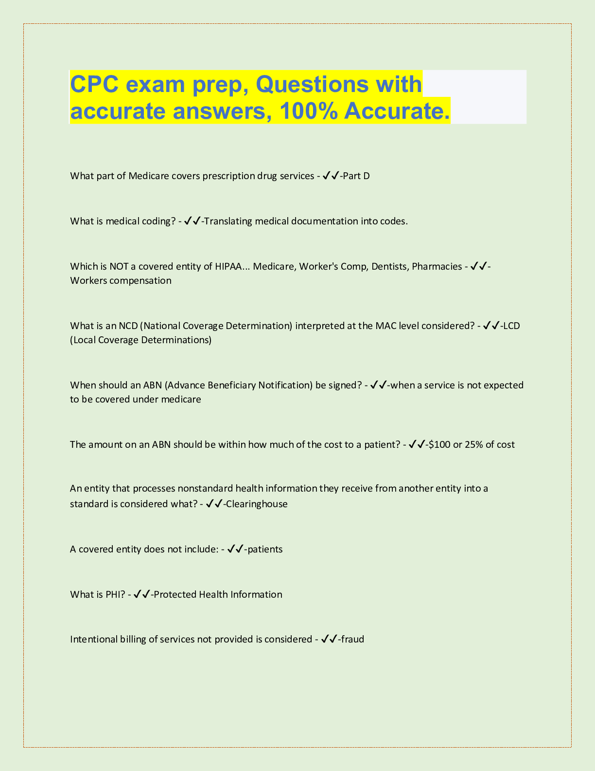 CPC exam prep, Questions with accurate answers, 100% Accurate ...