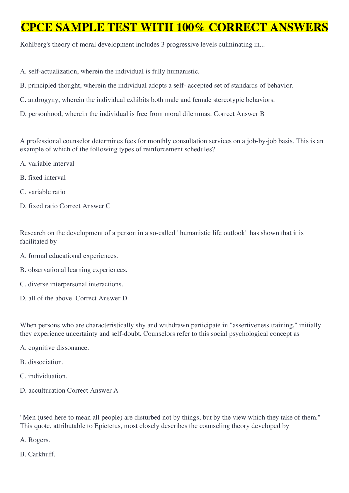 CPCE SAMPLE TEST WITH 100% CORRECT ANSWERS - Scholarfriends