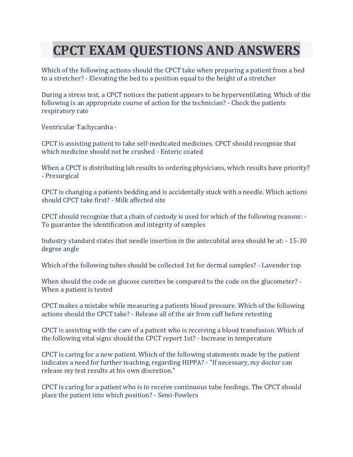 CPCT EXAM QUESTIONS AND ANSWERS/ 100% CORRECT - Scholarfriends