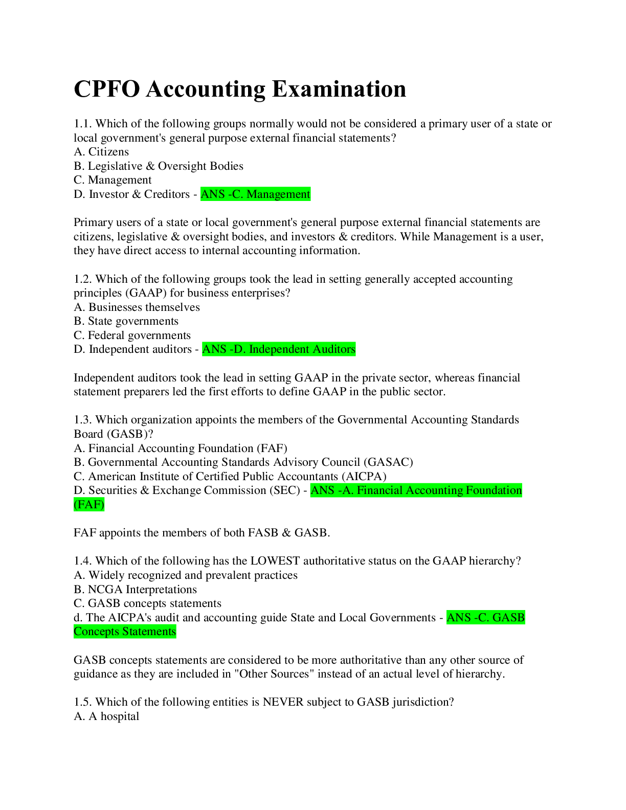 CPFO Accounting Examination / Questions/ With complete solutions ...
