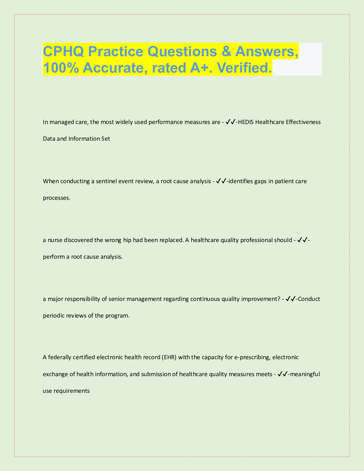 CPHQ Practice Questions & Answers, 100% Accurate, rated A+. Verified ...