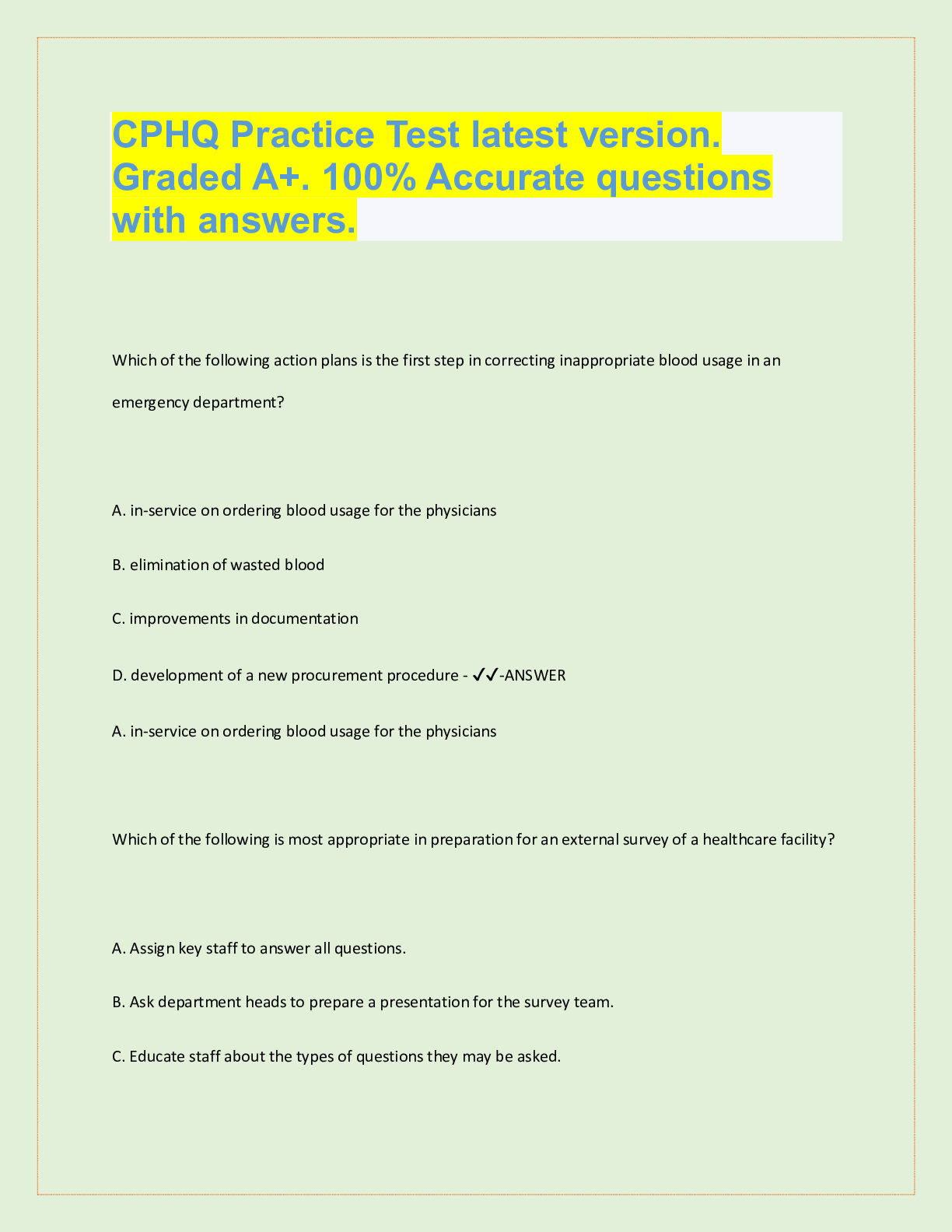 CPHQ Practice Test latest version. Graded A+. 100% Accurate questions ...