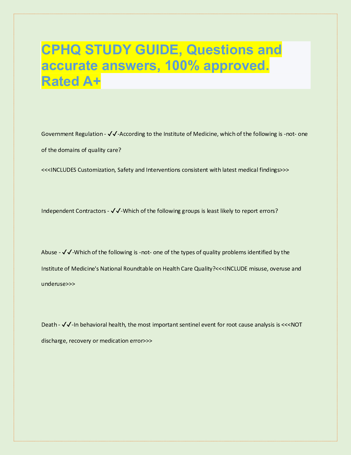 CPHQ STUDY GUIDE, Questions and accurate answers, 100% approved. Rated ...