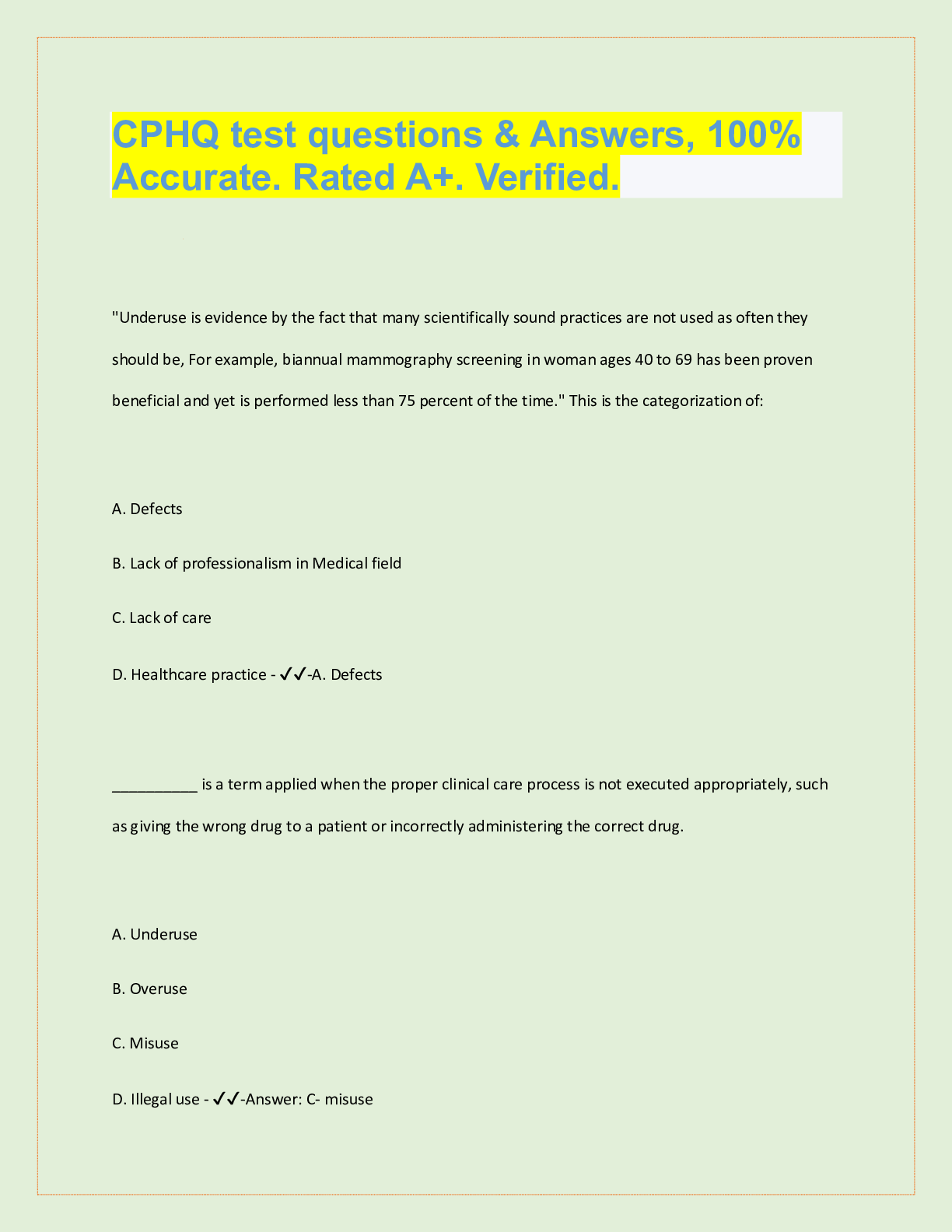 CPHQ test questions & Answers, 100% Accurate. Rated A+. Verified ...