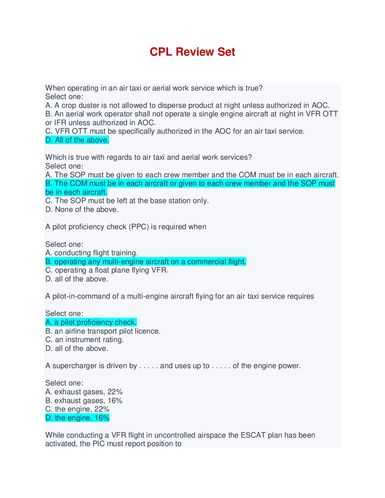 2023 Commercial Pilot Licence (CPL) Review Set - Questions and Answers ...