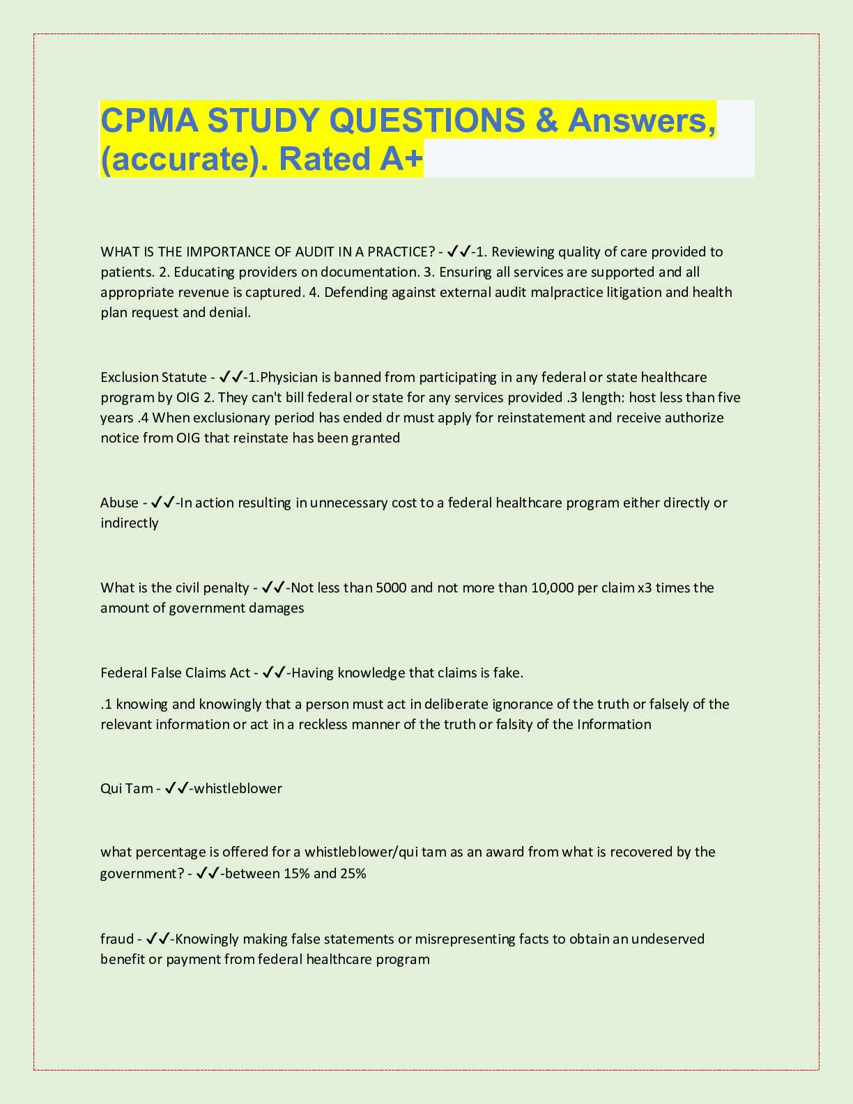 CPMA STUDY QUESTIONS & Answers, 100% Accurate. Graded A+ - Scholarfriends