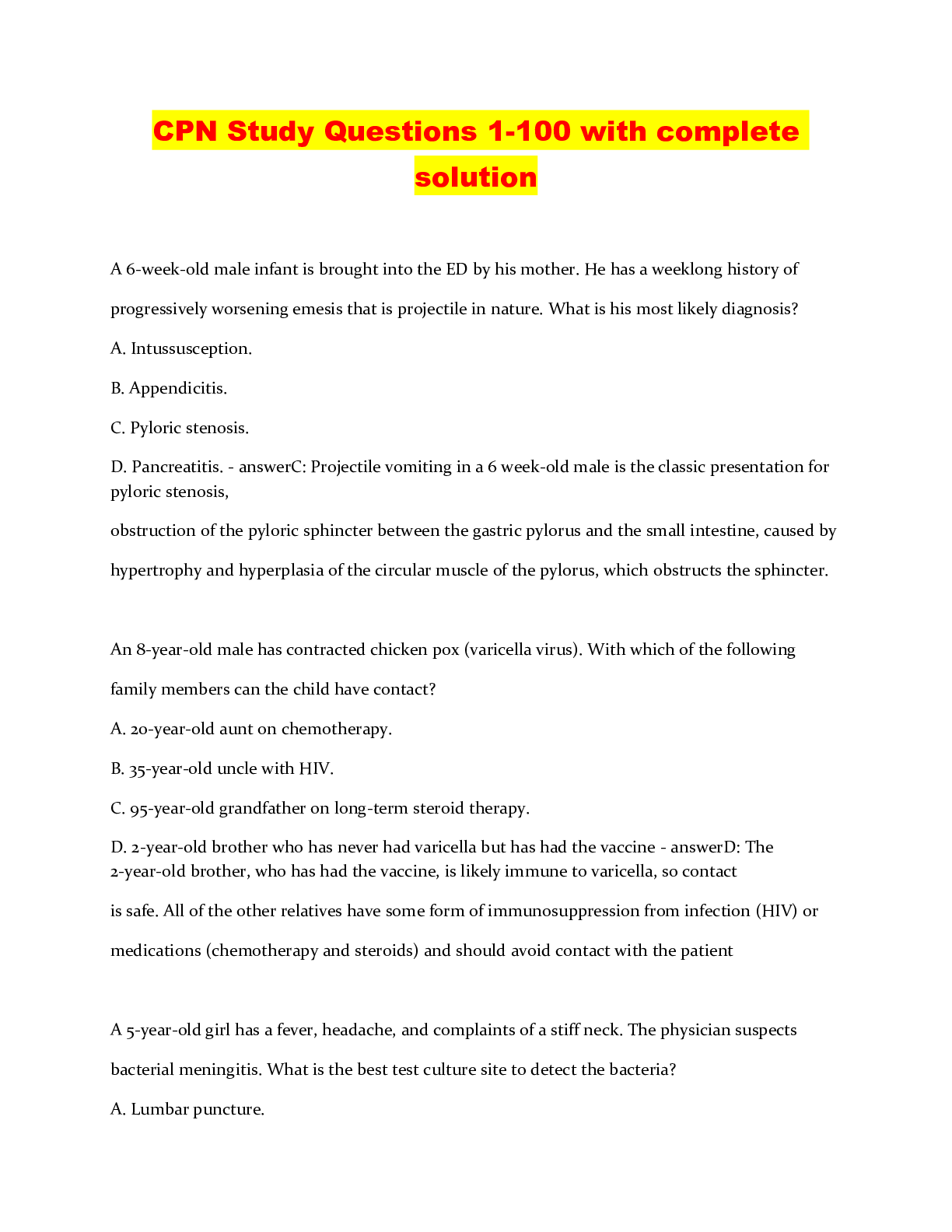 CPN Study Questions 1-100 with complete solution - Scholarfriends
