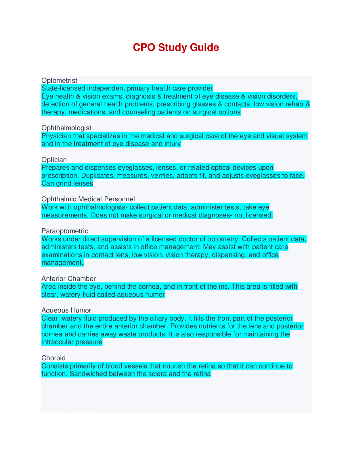 Certified Paraoptometric (CPO) Study Guide - Scholarfriends