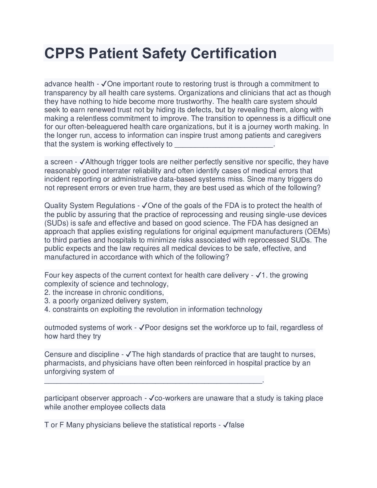 CPPS Patient Safety Certification (Latest 2023/2024) Download to Score ...