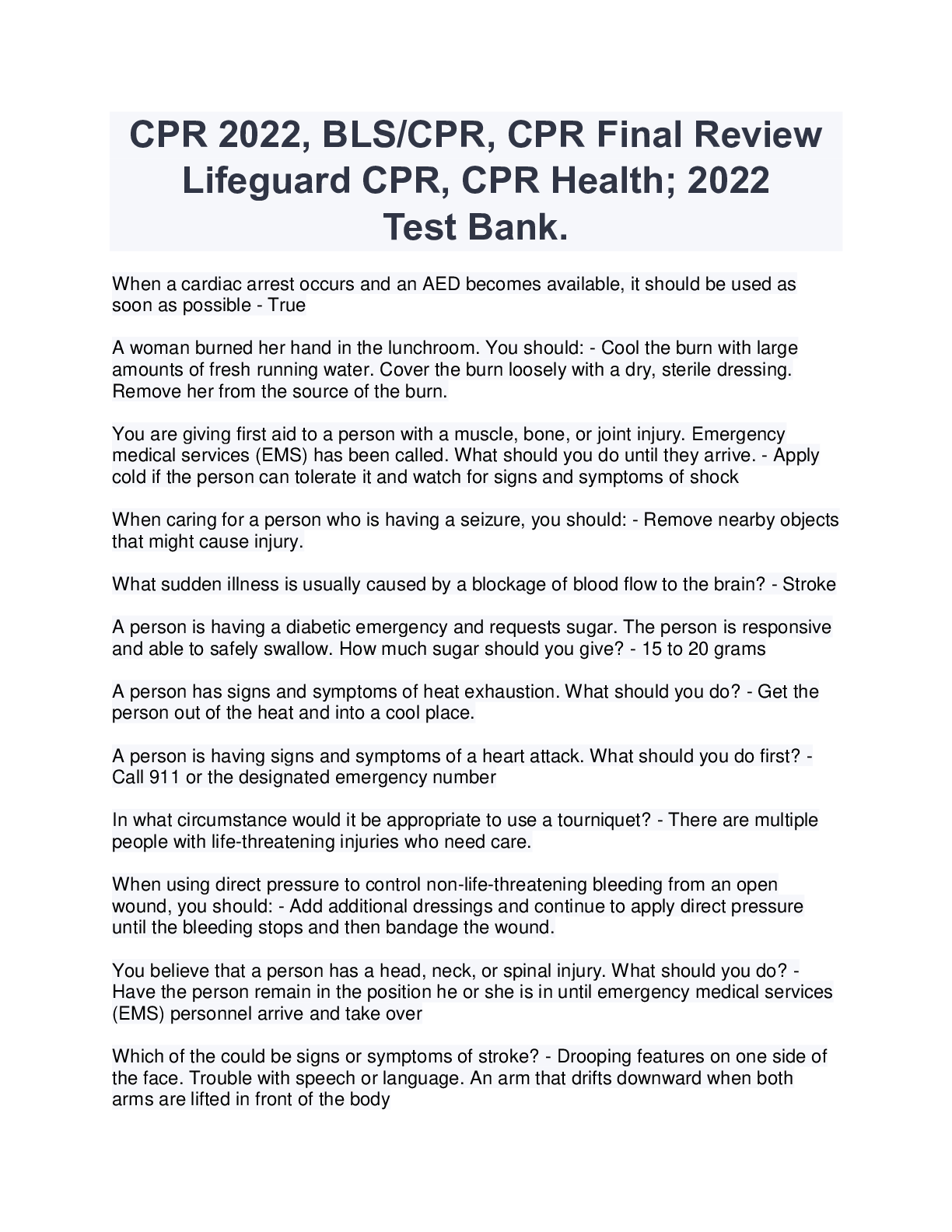 CPR 2022, BLS/CPR, CPR Final Review Lifeguard CPR, CPR Health; 2022 ...