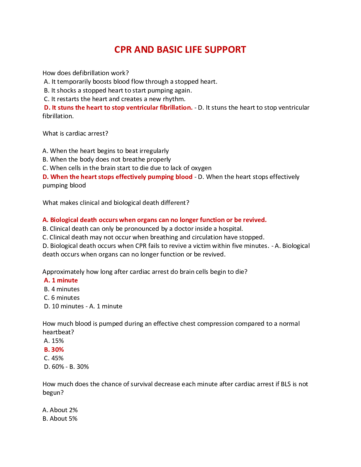 CPR AND BASIC LIFE SUPPORT REVIEW EXAM - Scholarfriends