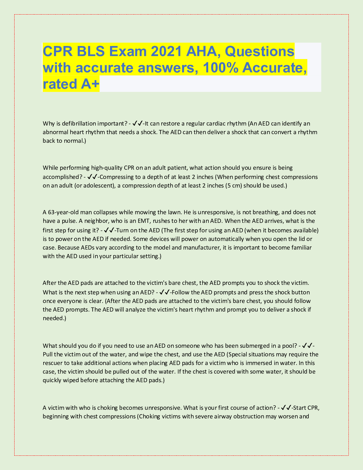 CPR BLS Exam 2021 AHA Questions And Answers( Complete Solution ...