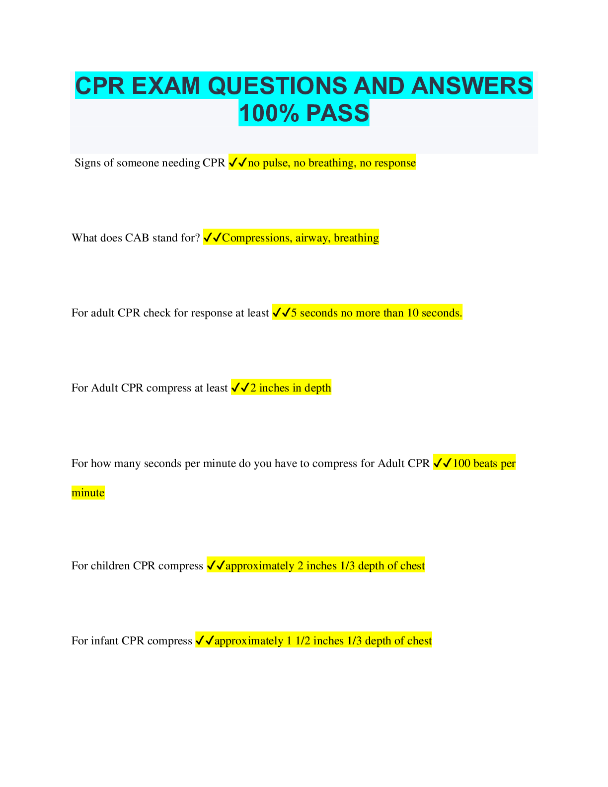 CPR EXAM QUESTIONS AND ANSWERS 100% PASS – Scholarfriends - Scholarfriends