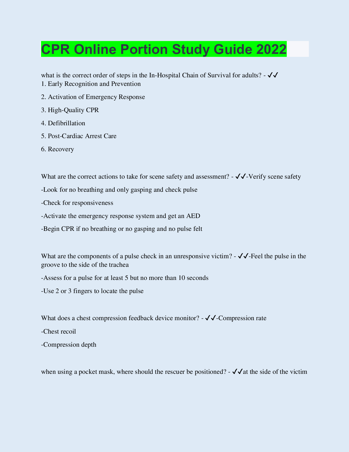 CPR Online Portion Study Guide 2022 | 100 Questions with 100% Correct ...