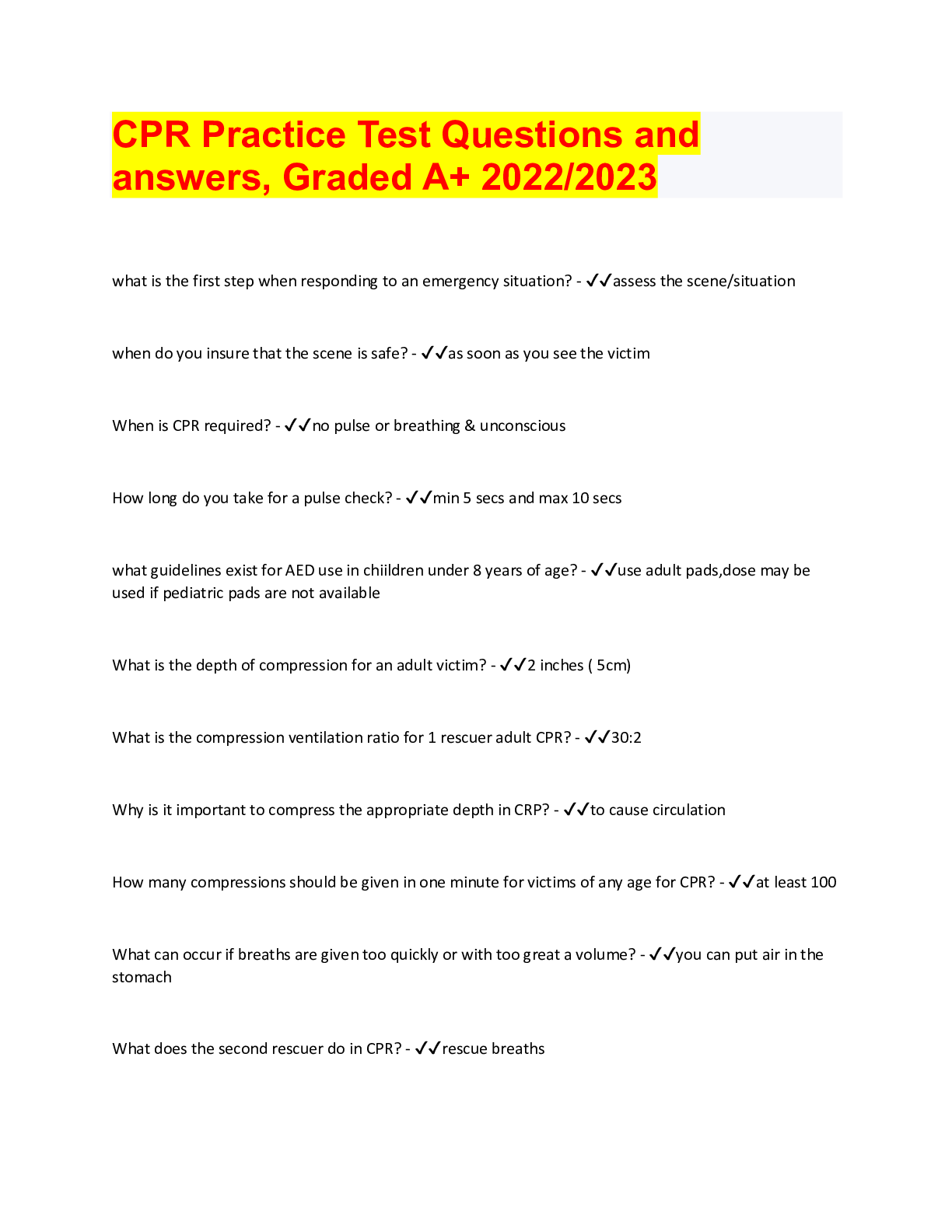CPR Practice Test Questions and answers, Graded A+ 2022/2023 ...