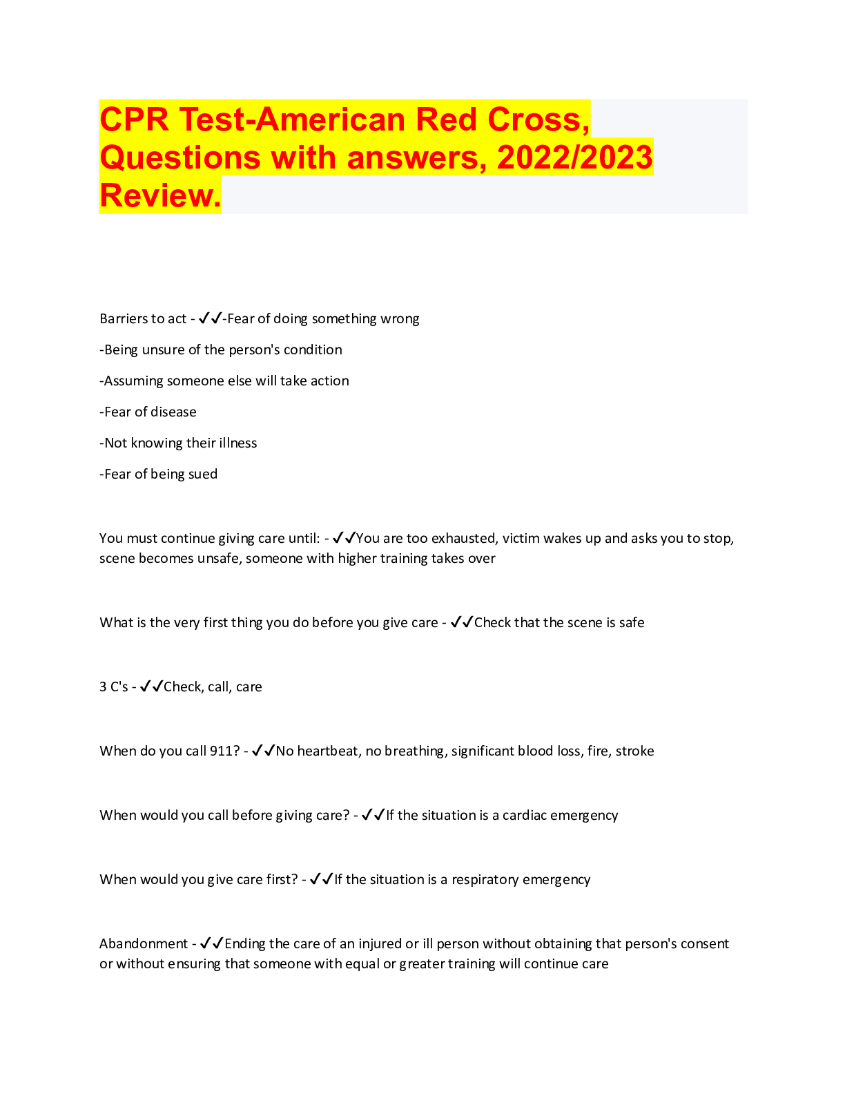 CPR Test-American Red Cross, Questions with answers, 2022/2023 Review ...