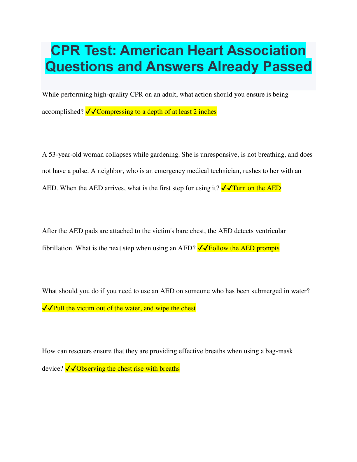 CPR-Test-American-Heart-Association Questions and Answers Already ...