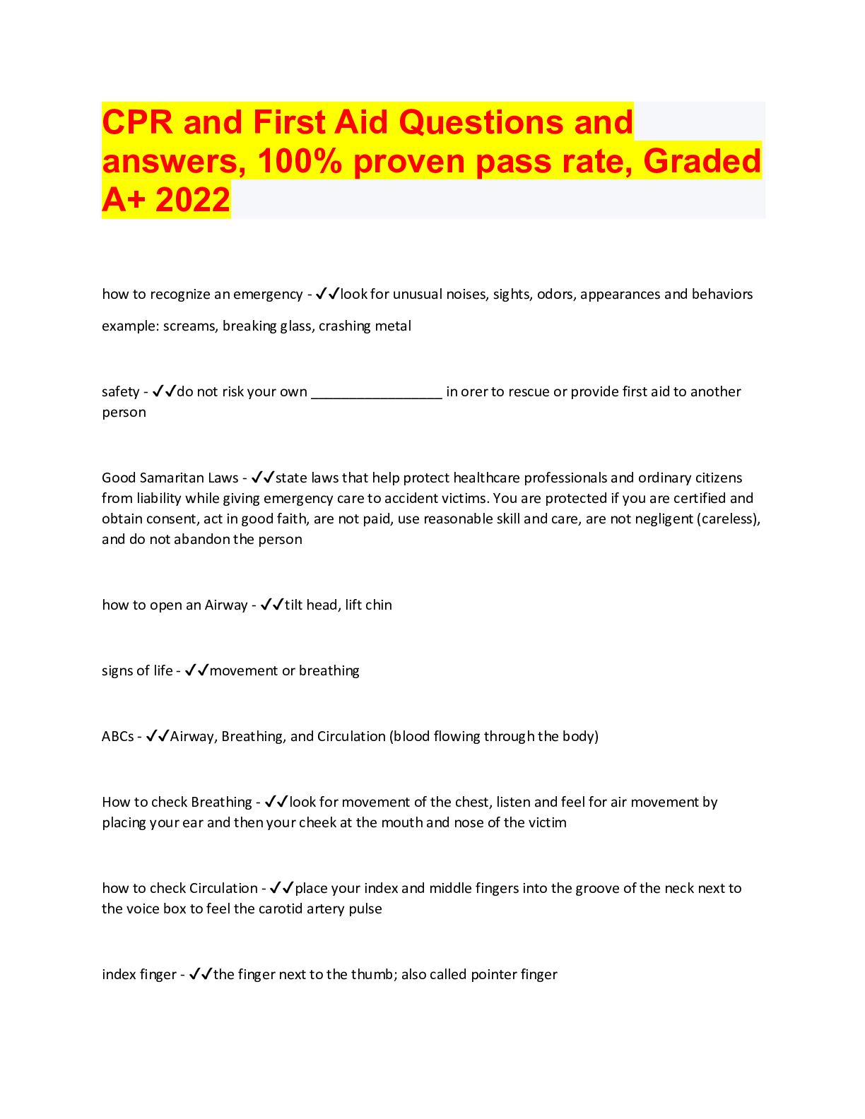 CPR and First Aid Questions and answers, 100% proven pass rate, Graded ...