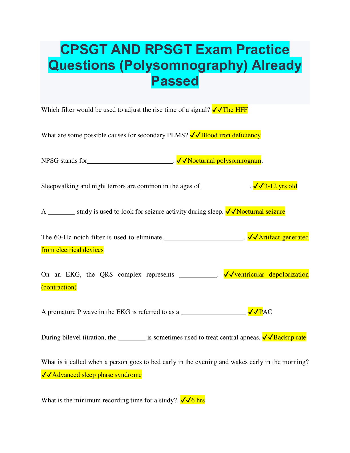 CPSGT AND RPSGT Exam Practice Questions (Polysomnography) Already ...