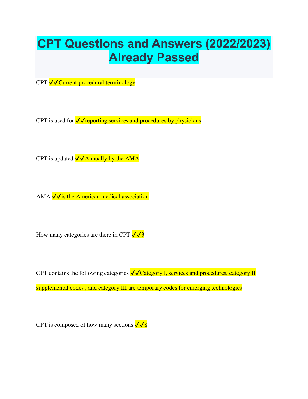 CPT Questions and Answers (2022/2023) Already Passed - Scholarfriends