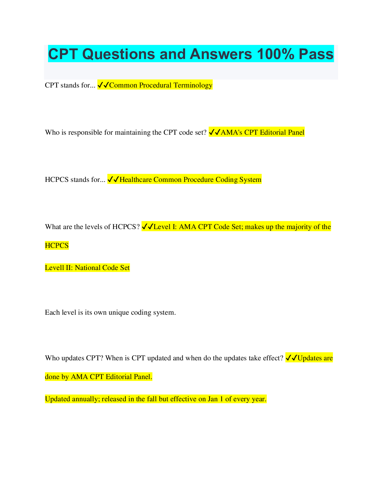 CPT Questions and Answers 100% Pass - Scholarfriends