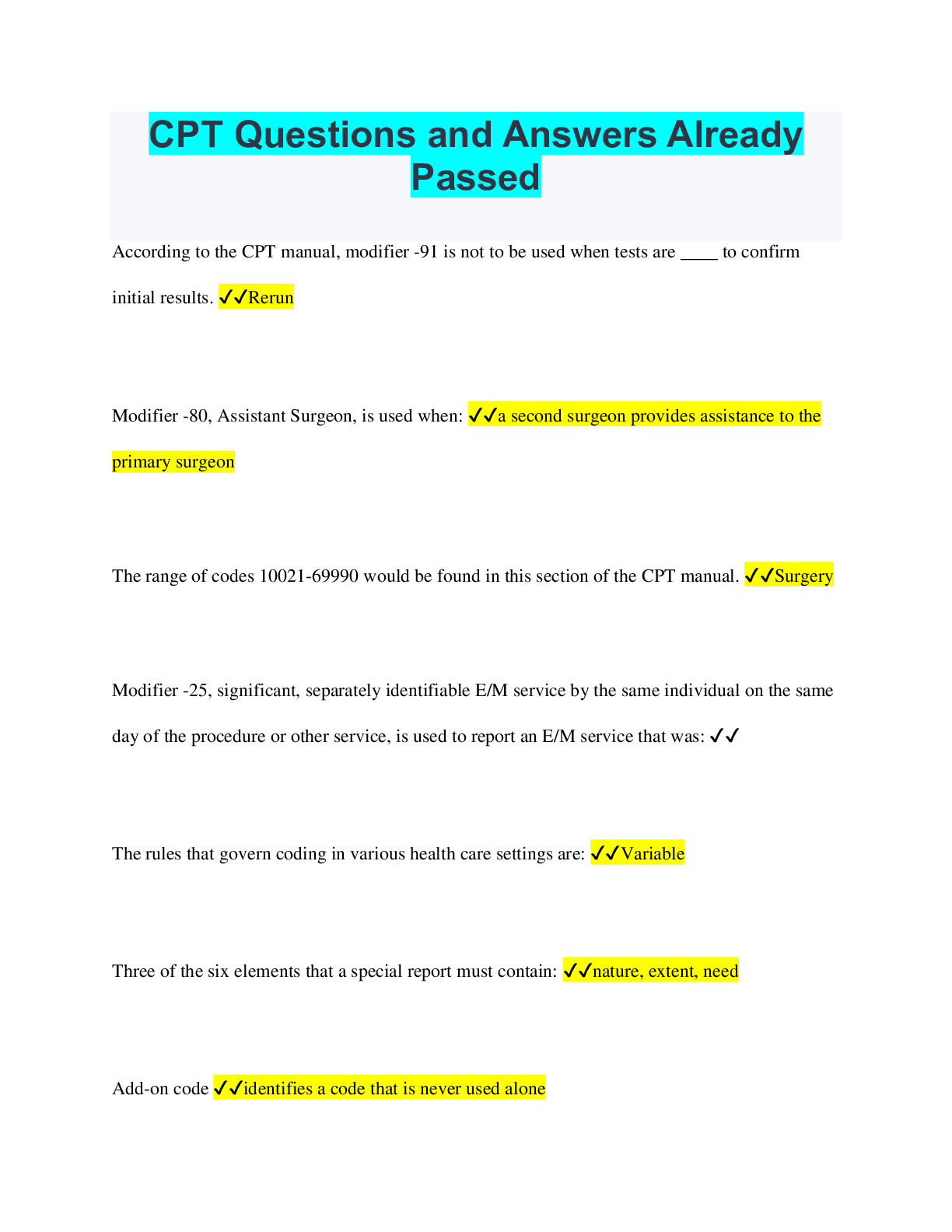 CPT Questions and Answers Already Passed - Scholarfriends