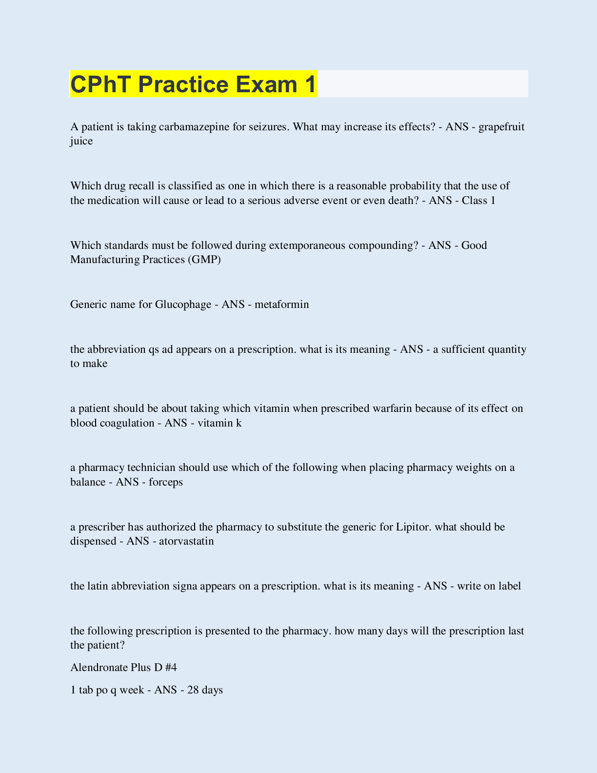 CPhT Practice Exam 1 | 100 Questions with 100% Correct Answers ...