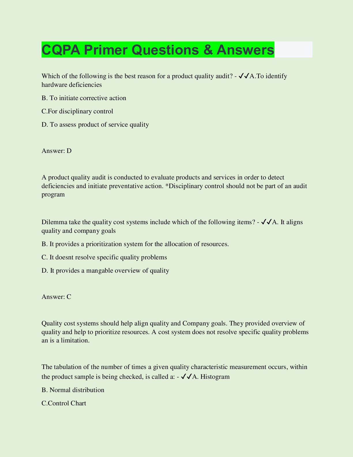 CQPA Primer Questions & Answers | Questions with 100% Correct Answers ...