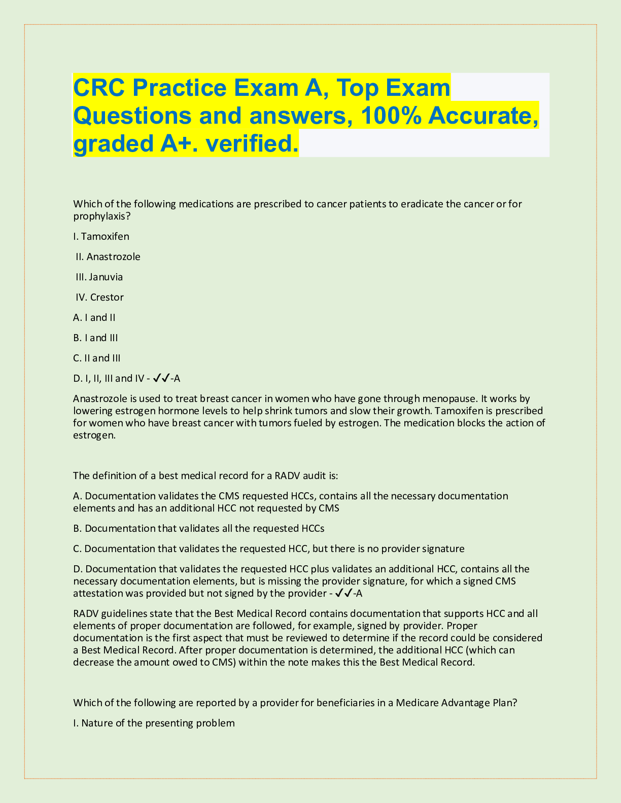 CRC Practice Exam A, Top Exam Questions and answers, 100% Accurate ...