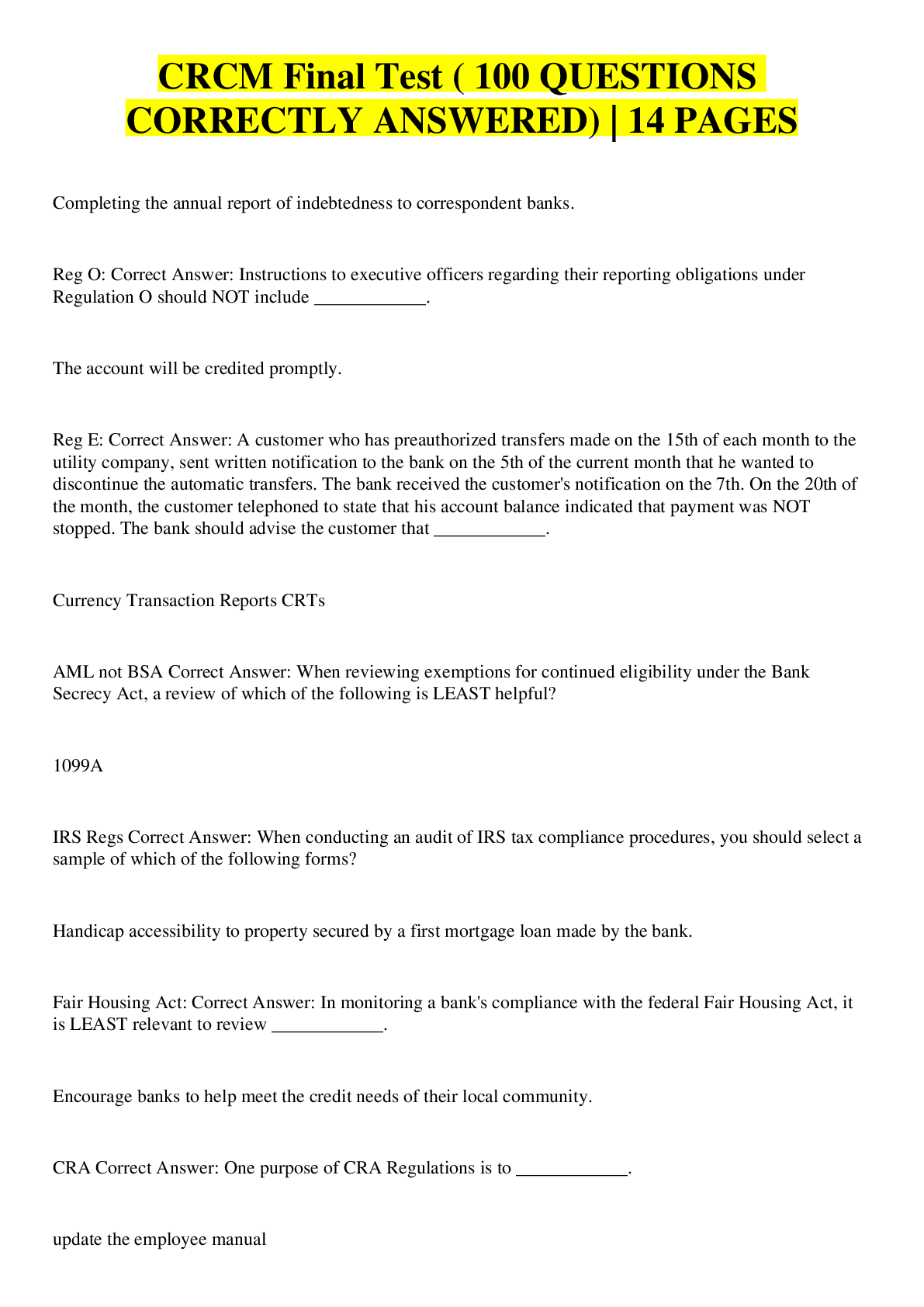 CRCM Final Test ( 100 QUESTIONS CORRECTLY ANSWERED) | 14 PAGES ...