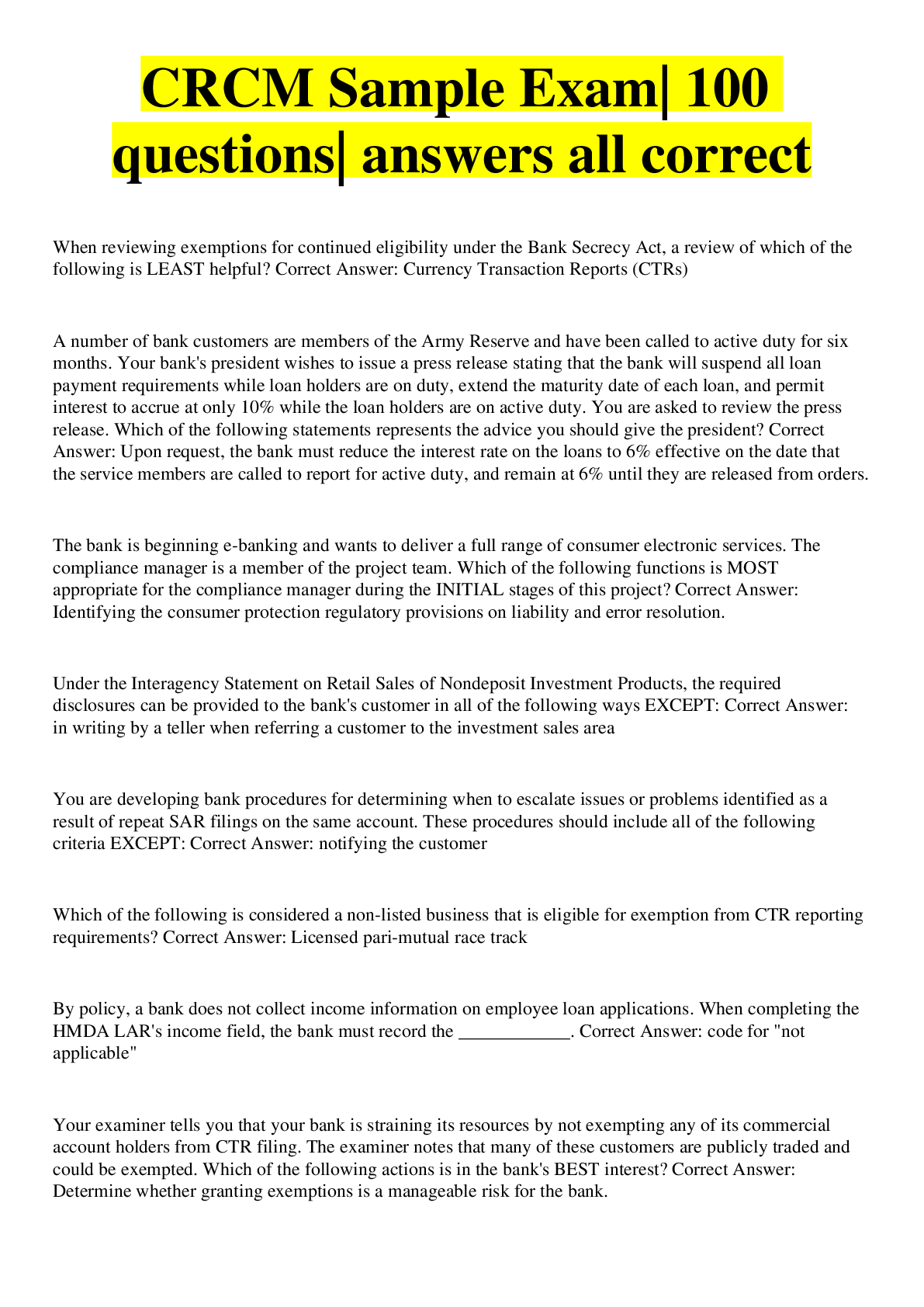 CRCM Sample Exam| 100 questions| answers all correct - Scholarfriends