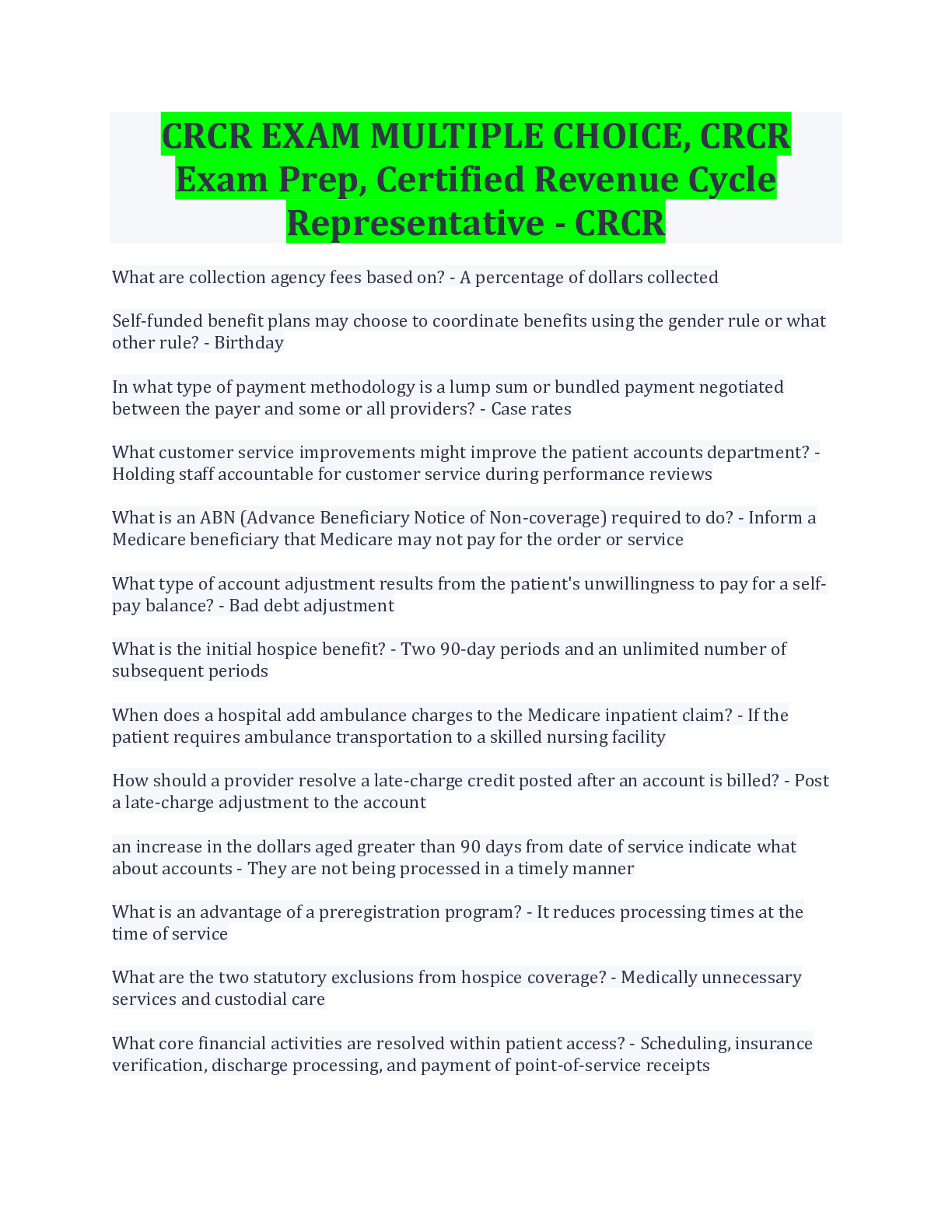 CRCR EXAM MULTIPLE CHOICE, CRCR Exam Prep, Certified Revenue Cycle ...