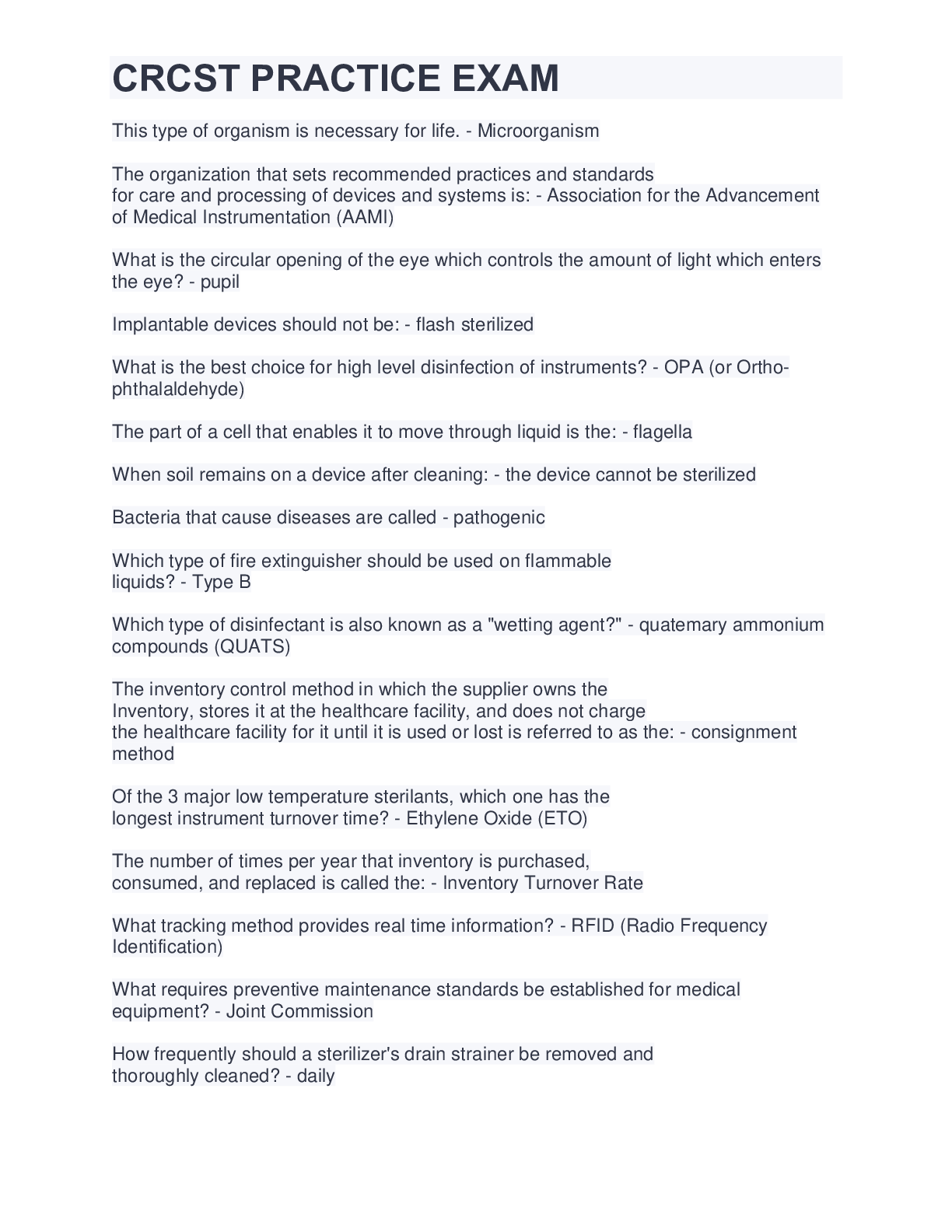 CRCST PRACTICE EXAM - Scholarfriends